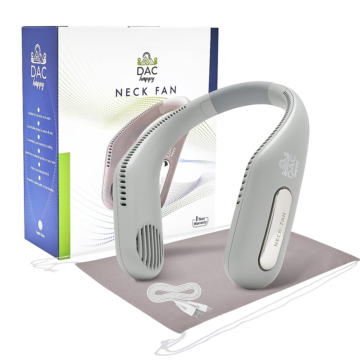 DAC happy Portable Neck Fan - Bladeless Personal Neck Cooling Fan - Wearable - Around The Neck Fan - Cools Fast - Will Not Pull Hair - Rechargeable