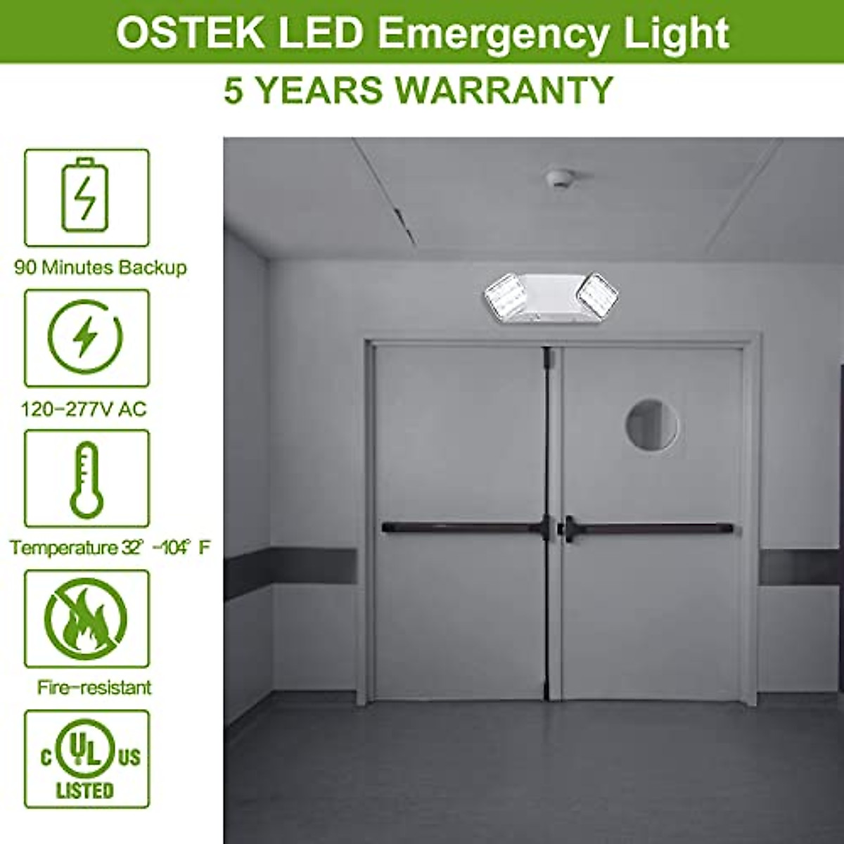 LED Emergency Light with Battery Backup, Adjustable Light Heads, Emergency Exit Lights for Home Power Failure, High Light Output for Commercial Hallways, Stairways, Fire Resistant 120-277V (1 Pack)