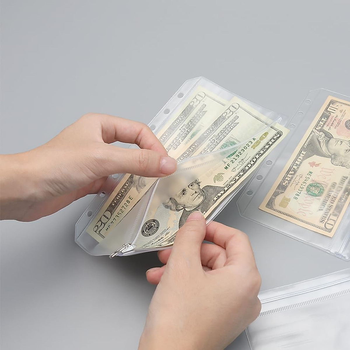 12pcs A6 Binder Pockets with Clear Zipper 6 Holes Budget Cash Envelopes Metal Zip Puller Loose Leaf Bags Waterproof PVC Pouches Multipurpose Document Folders for Storage