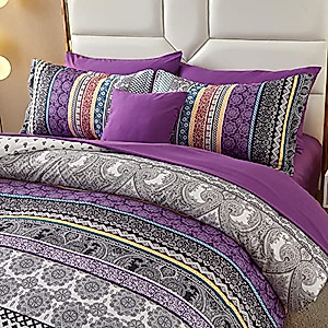 Boho Comforter Set Queen Size,8 Piece Bed in a Bag Bohemian Striped Bedding Quilt Set,Purple Paisley Floral Comforter and Sheet Set,Soft Microfiber Complete Bedding Sets for All Season