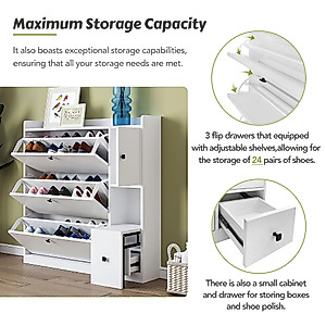 Kootlena Shoe Rack, Shoe Cabinet for Entryway, Slim Shoe Storage Cabinet Organizer, Hidden Shoe Dresser with 3 Flip Drawers Pull-Down Seat for Hallway Bedroom Free Standing (Black B)