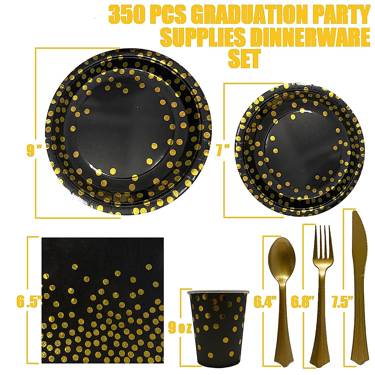 New Years Eve Party Supplies 2025 Christmas Decorations Party Plates Napkins Set Black and Gold Party Supplies 350 Pcs Disposable Paper Plates Napkins Gold Fork Knives Spoon, Serves 50