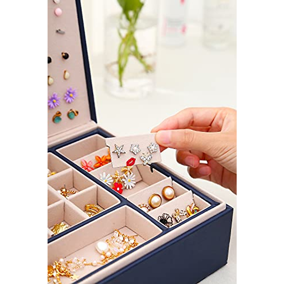 QBestry Stud Earring Organizer for Women Girl Mens Jewelry Box for Earrings Necklace Jewelry Organizer,Girls Earring Box for Womens Necklace Holder Rings Organizer Bracelet Earring Storage Case,Blue