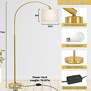 Gold Arc Floor Lamp, Dimmable Floor Lamp for Living Room, Mordern Standing Lamp with Adjustable Lamp Head, Tall Pole Lamp Over Couch Arched Light for Reading, Bedroom, Office, 9W LED Bulb Included