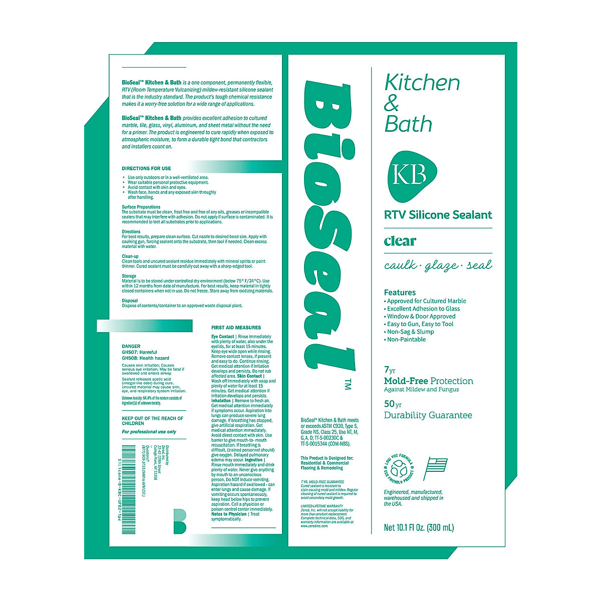 Clear BioSeal 100% Silicone Sealant Caulk Kitchen and Bath Grade, Waterproof and Low Odor 10.1 Ounce Cartridge, Clear, (Pack of 10)