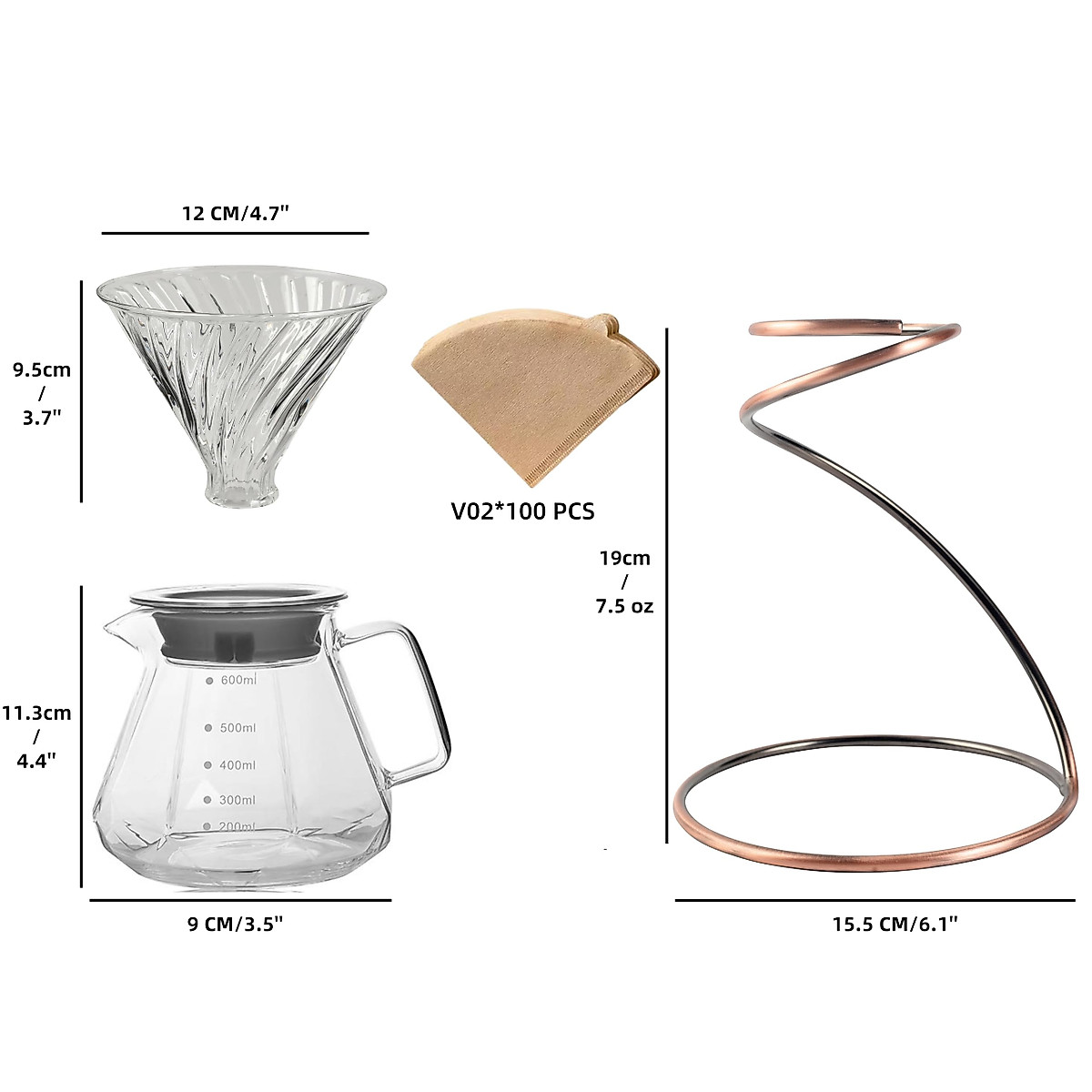 HYAXGM Pour Over Coffee Maker Set，20oz/600ml Pour Over Coffee Dripper & Glass Lid，Metal Dripper Stand and 100 Count Paper Coffee Filters，4 in 1 Set for Home or Office