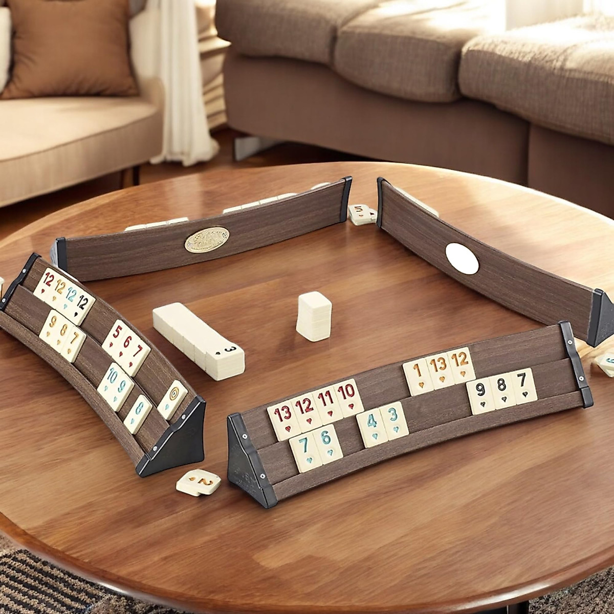 LaModaHome Premium Curved Rummy, Okey, 101 Game Set, Portable Bag, Unscratchable Tiles and Racks, Outdoor and Indoor Game for Family & Friends, Classic Travel Tabletop Fun - Brown