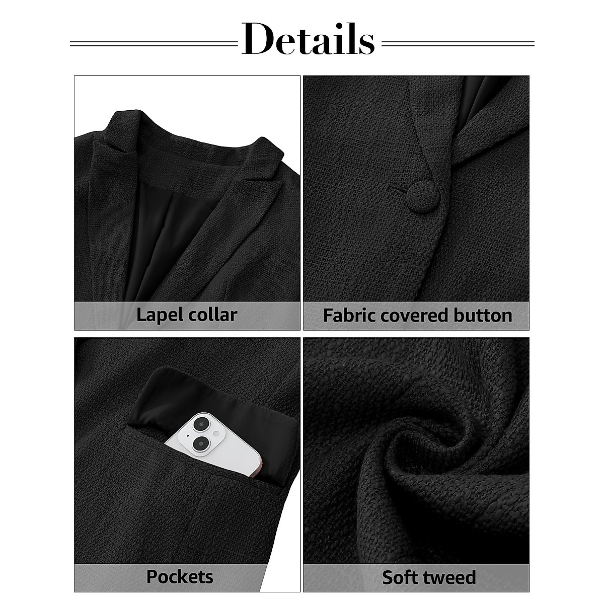 luvamia Women's Black Tweed Blazer for Business Casual, Size Large