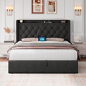iPormis Queen Size Lift Up Storage Bed Frame with Charging Station, Upholstered Platform Bed Frame with Tufted Headboard, Hydraulic Storage, No Box Spring Needed, Noise-Free, Easy Assembly, Dark Grey