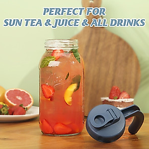 Soligt Glass Mason Jar Pitcher with Lid, Wide Mouth Flip Cap Pour Spout Leak-proof Lid with Handle, 64 oz (2 Quart / 1.9 Liter), for Sun Tea/Iced Tea/Juice/Cold Brew Coffee/Milk (1Pack, Hale Navy)