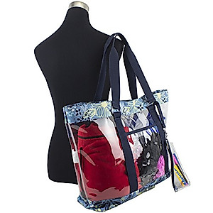 Eastsport Clear Deluxe Tote Bag with FREE Wristlet, Durable, See-Through, Transparent, Zipper Closure, Perfect for Work, Sporting Events, School and Concerts - Blue Floral