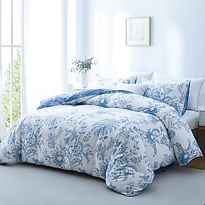 BOLINLIVING Duvet Cover Twin Size, Flower Kids Duvet Cover with Pillow Shams, Soft Floral Bedding Set White and Blue for All Season, Breathable, Zipper Closure…