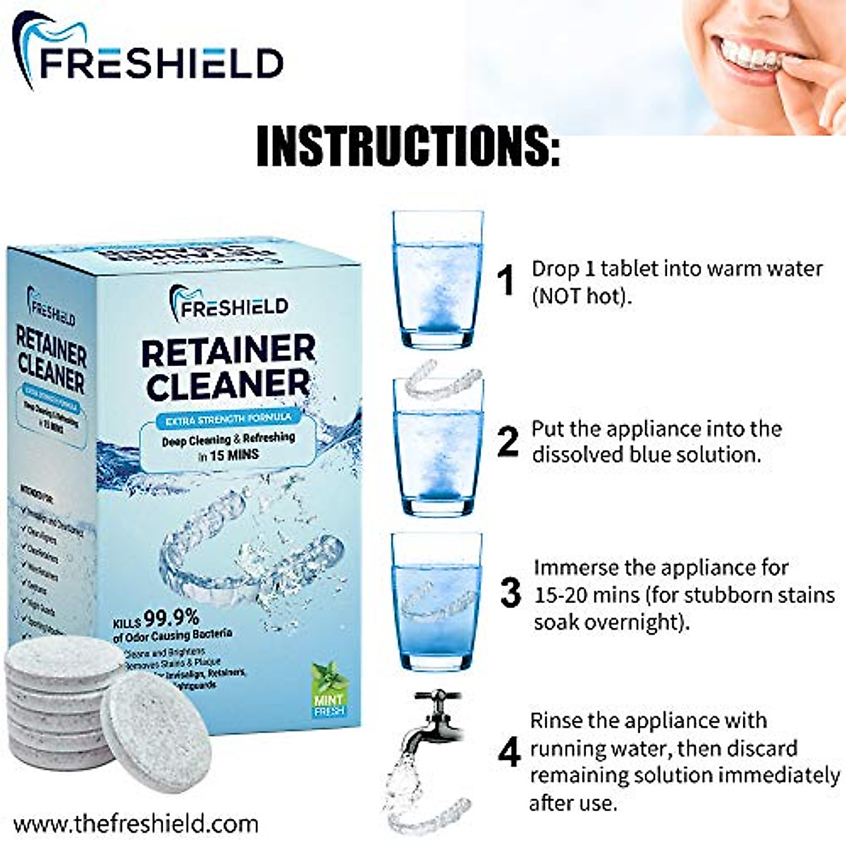 FRESHIELD Retainer & Denture Cleaner Tablets - Remove Stain Plaque Bad Odor, Compatible with Invisalign, Dentures, Retainers, Mouth Guards, Braces, Teeth Straighteners, Night Guards, Dental Appliances