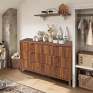 XUZENEST Fluted 6 Drawer Double Dresser for Bedroom, 47" Wide Modern Closet Dressers Chest of Drawers, Wood Storage Dresser Organizer for Nursery Bedroom Living Room Hallway Closet, Walnut