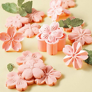 Goeielewe Pastry/Cookie/Fondant Stamper, 2-Inch Press Cookies Mold with 4 Stamps Pink Cherry Blossom Shape Flower Hand Pressure Pastry Tool Fondant Cutters Set for Baking