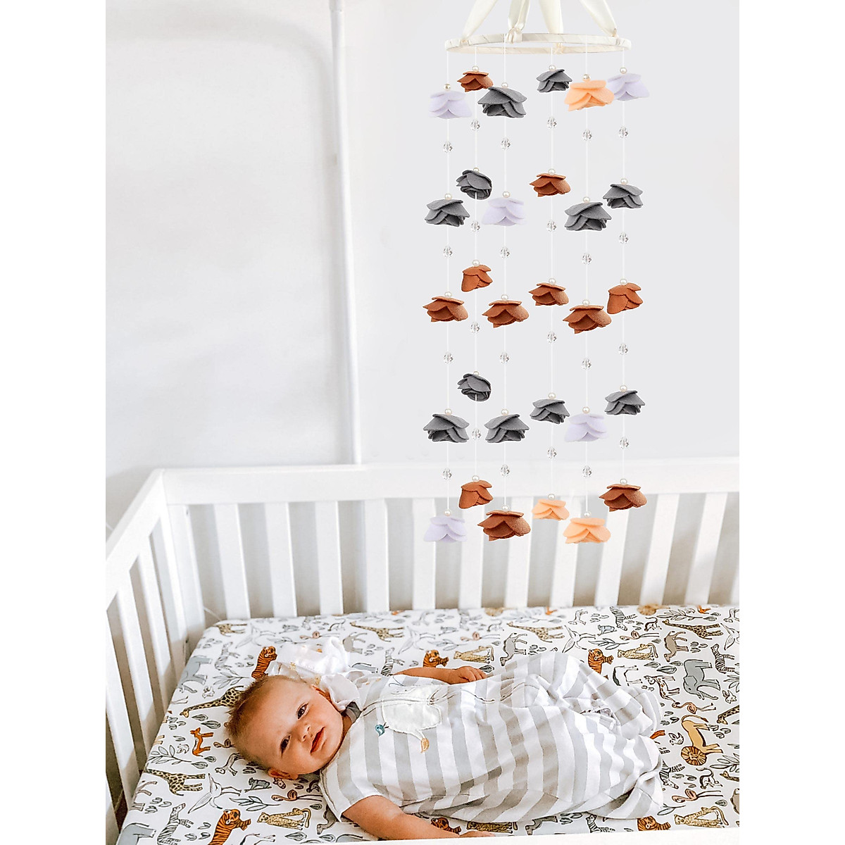 Baby Mobile for Crib, Felt Rose Flower Crystals Pearls Mobile Nursery Mobile for Boys Girls Boho Nursery Decor Soothe Toy Baby Shower Set for Infant Bedroom Hanging Decoration Toy