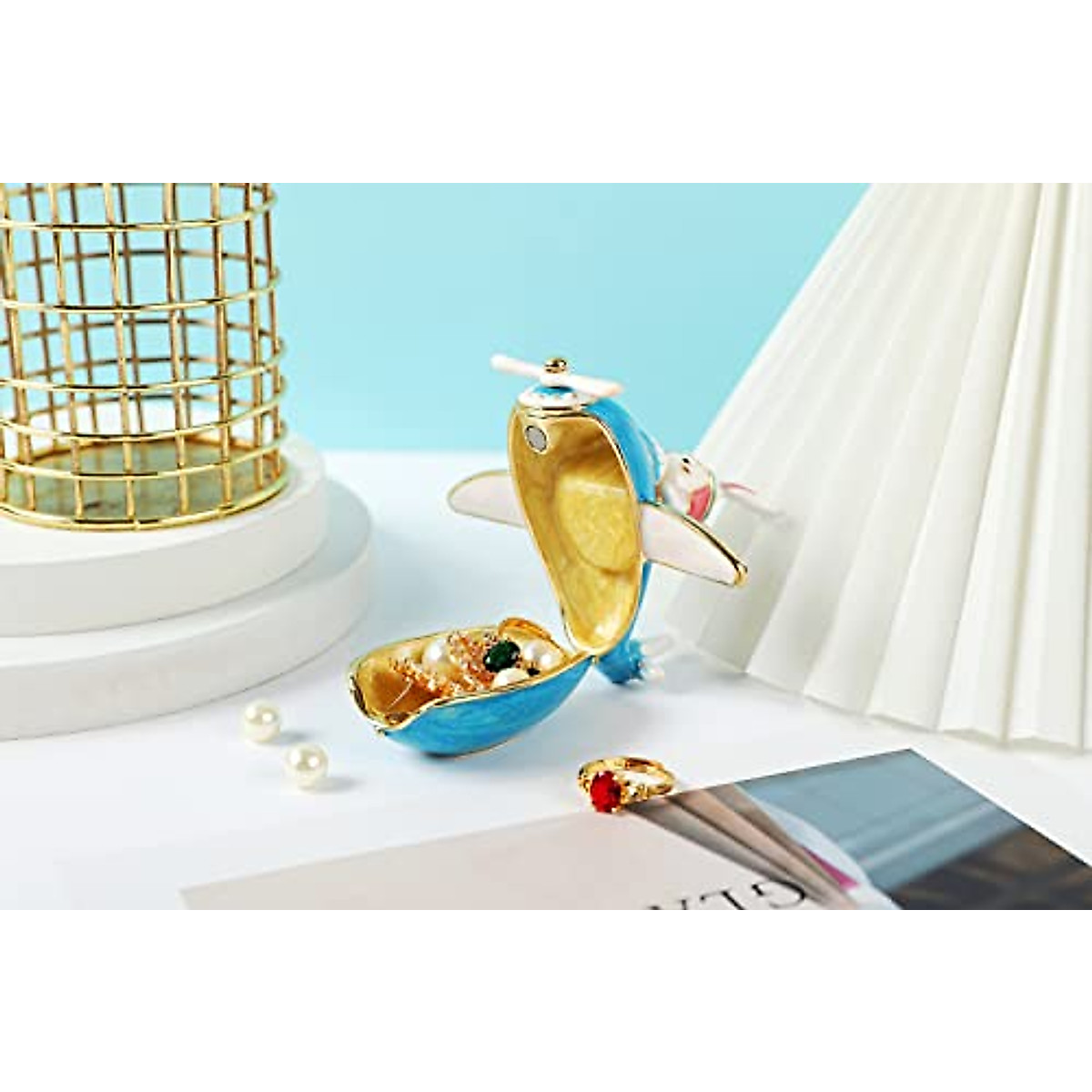 Furuida Airplane and Captain Rabbit Trinket Boxes Hinged Enamel Hand-Painted Animals Ornaments Unique Gift for Home Decor