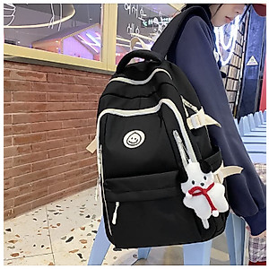 MININAI Preppy Backpack with Cute Pendant Women Smile Face Laptop Backpack Kawaii Lightweight Aesthetic College Backpack (Black,One Size)