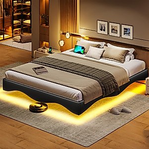 MSmask Floating Bed Frame Queen with LED Lights, Upholstered Platform Bed Frame Queen Size with Type-C & USB Port, Modern Wavy Visual Floating Metal Bed Frame, No Box Spring Needed, Black