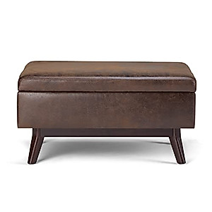 SIMPLIHOME Owen 34 Inch Wide Mid Century Modern Rectangle Coffee Table Lift Top Storage Ottoman in Upholstered Distressed Chestnut Brown Faux Leather, For the Living Room