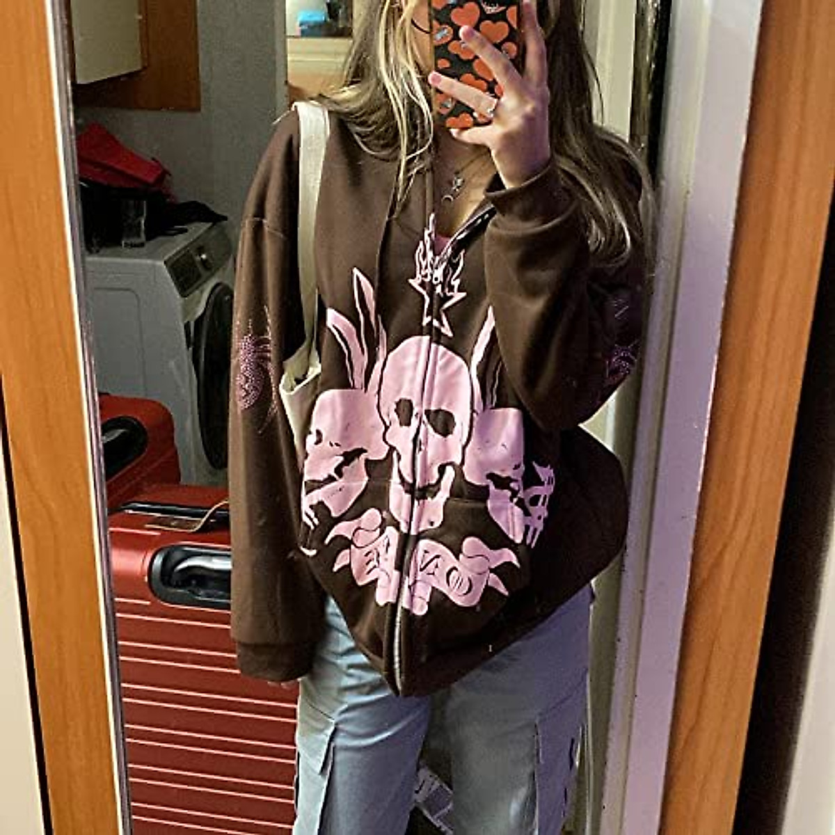 PLAYPUNK Women Rhinestone Oversized Zip Up Hoodie Y2k Skeleton Spider Skull Print Vintage Hoodies 90s Pullover Grunge Jacket Brown