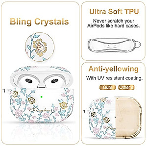 KINGXBAR for AirPods Pro Case Cute Soft Clear Floral Protective Cover for Women Girls with Bling Crystals & Keychain