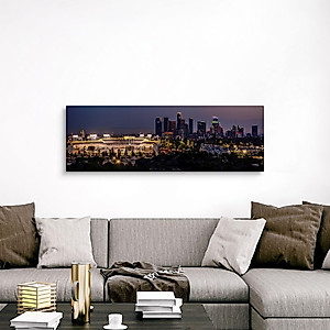 CANVAS ON DEMAND Dodger Stadium and La Skyline Lit Up At Night - Panoramic Canvas Wall Art Print by Circle Capture, Home Decor, Baseball, United States Artwork, 60"x20"