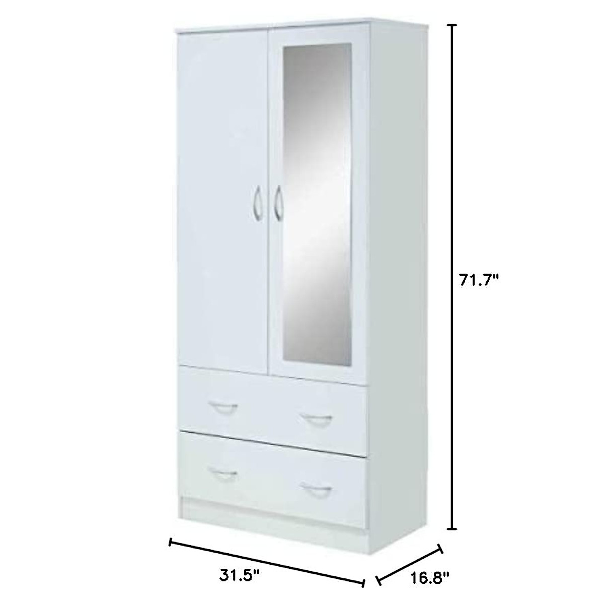Hodedah Two Door Wardrobe with Two Drawers and Hanging Rod plus Mirror, White