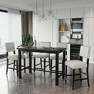 P PURLOVE 5 Piece Dining Set Kitchen Table Set Counter Height Table Set with One Rectangle Table and 4 Cushioned Chairs for 4 Persons Dining Room Table Set for Small Place(Table and 4 Chairs)