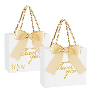 SHAIDOJIO 30Pack Small Thank You Gift Bags with Handle, Mini White Gift Bags Candy Bags Bulk with Bow Ribbon, Party Favor Bag for Wedding, Birthday, Bridal Shower, Baby Shower (5.5x2.5x4.7 Inch)