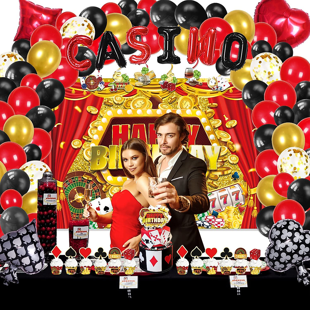 LXlucktim Casino Theme Birthday Party Decorations, 144 Pcs Las Vegas Party Decor Supplies - Backdrop, Cake, and Cupcake Toppers, Balloons, Hanging Swirls, Cupcakes Wrappers