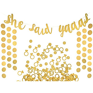 She Said Yaaas Banner, Garland & Confetti Set - Bachelorette, Engagement or Wedding Party Decorations - Sparkly Decorations with Super Fun Diamond Ring & Circle Confetti (Gold)