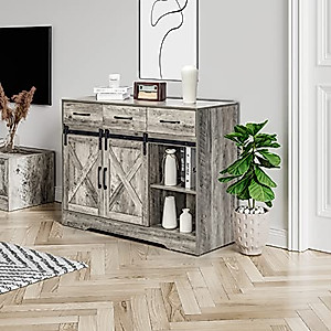 Kitchen Buffet Sideboard,Wine Cabinet,Coffee Bar Table,Farmhouse Liquor Storage Cabinet with 3 Drawers, Sliding Barn Door Cupboard Table for Kitchen,Living Room,Dining Room