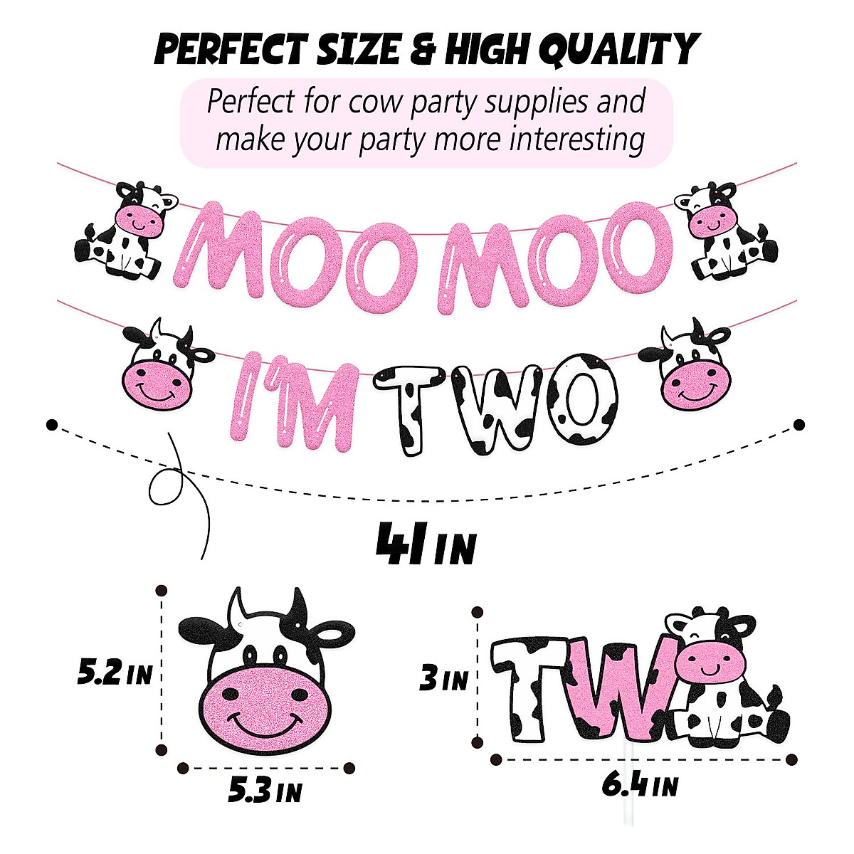 Moo Moo I’m Two Birthday Decoration Cow Theme 2nd Birthday Banner Cow Two Cake Topper Kids Boy Girl’s Happy Second Birthday Party Supplies Glitter Pink Decor