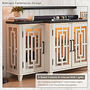 JXQTLINGMU Ultra Large 70 inch TV Stand for 80 Inch TV, LED Media Console with 3-Sides Hollow Out Glass Doors, Farmhouse Entertainment Center with Storage for Living Room, Bedroom, White