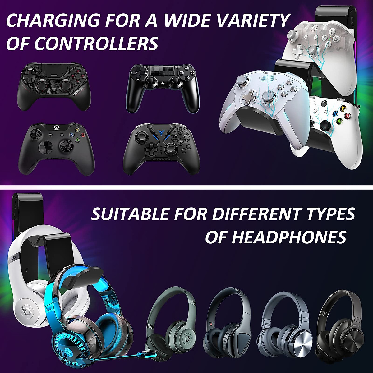 ArtCWK RGB Dual Game Controller & Headphone Holder Charger with 10 Light Modes and 2 USB Charging Port, Wall Mount Stand Charger for Xbox PS5 PS4 PS3 Xbox Switch, for All Universal Gamepad & Headsets