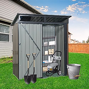 5x3ft Outdoor Storage Shed, Metal Garden Shed for Garbage Can, Tool, Outside Sheds & Outdoor Storage Galvanized Steel with Lockable Door for Backyard, Patio, Lawn(Brown)