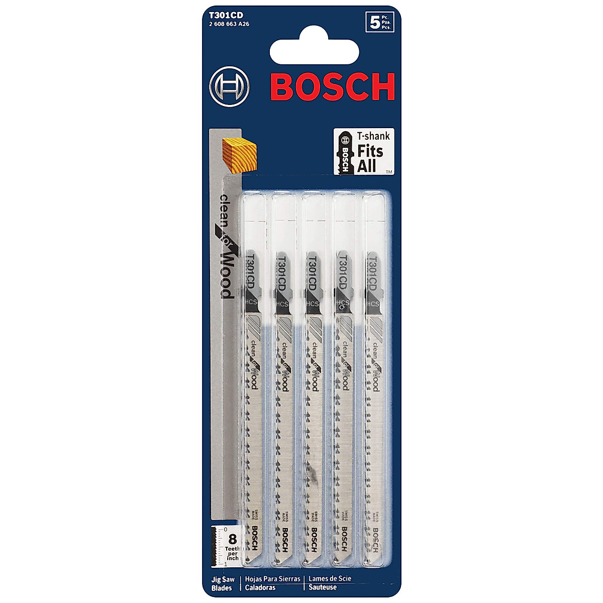 BOSCH T301CD 5-Piece 4-5/8 In. 8 TPI Clean for Wood T-Shank Jig Saw Blades