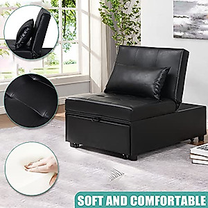 Sleeper Chair Bed, Convertible Chair Bed 4 in 1 Multi-Function Folding Ottoman Sofa Bed with Adjustable Backrest, Modern Single Bed Chair for Living Room/Small Space/Apartment, Black Faux Leather