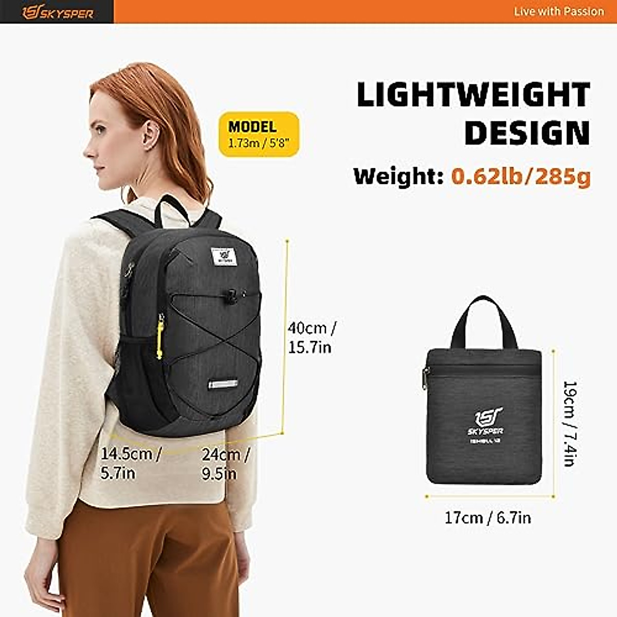 SKYSPER Small Hiking Backpack -12L Lightweight Packable Daypack for Travel Foldable Water Resistant Backpacks for Women Men