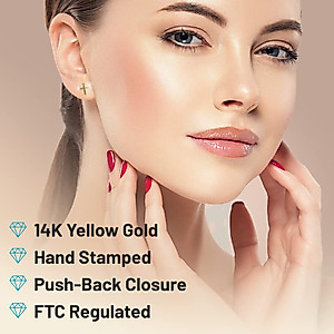 JewelryWeb 14K Yellow Gold Cross Earrings - Beveled Faith Stud Earrings - Cross Earrings for Women and Girls - Catholic Jewelry - Religious Earrings
