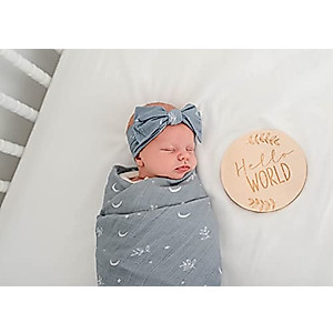 Miaoberry 100% Organic Muslin Swaddle Set w Matching Hat/Bow| Moon Leaves in Haze Blue| Hospital Home-Coming Baby Announcement Blanket Gender Neutral for Boy n Girl