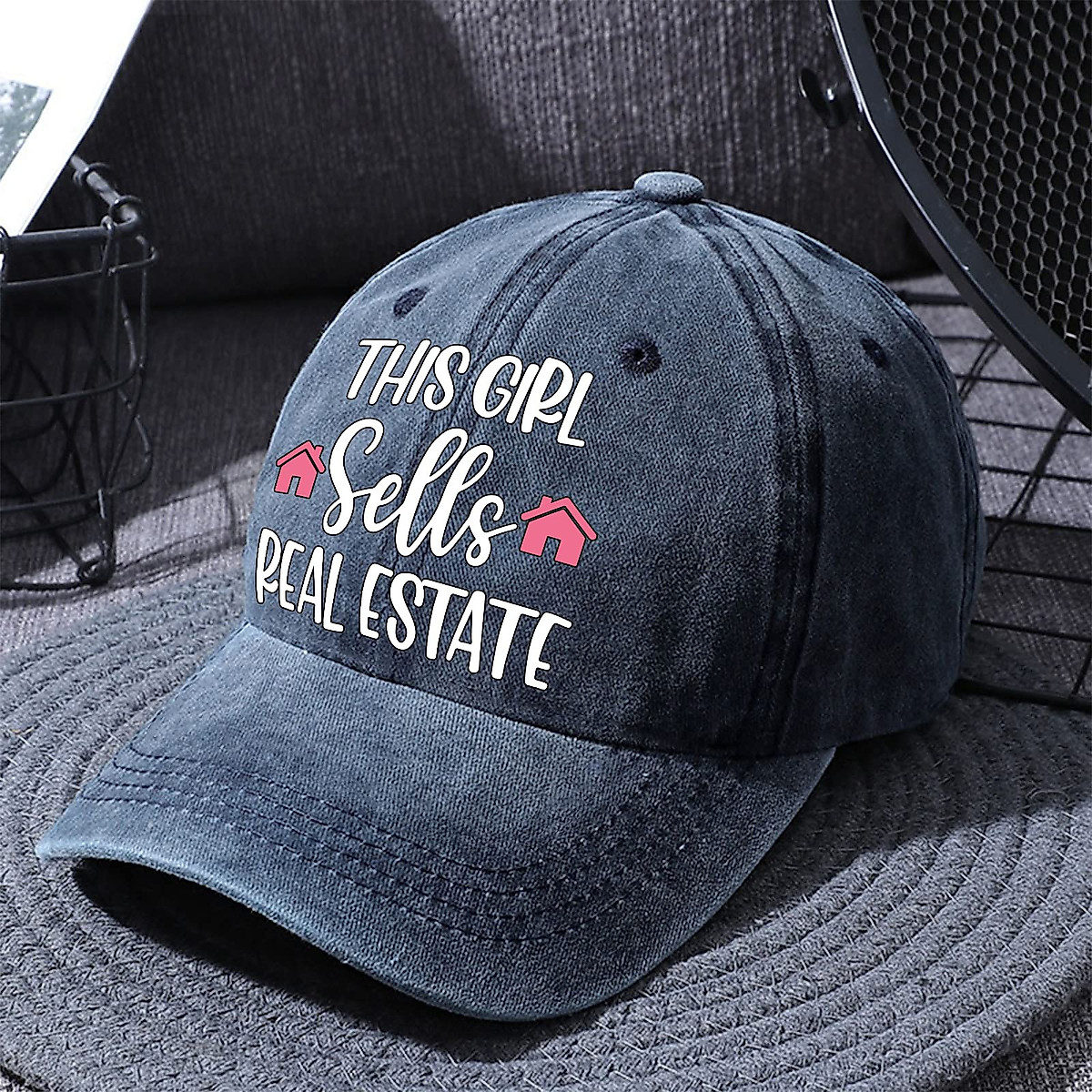 Pishovi This Girl Sells Real Estate Distressed Washed Blue Baseball Cap, Vintage Adjustable Cotton Cap, Birthday Gifts for Colleagues Friends, Real Estate Gifts to Realtors Mom