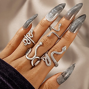 JWICOS 4Pcs Silver Punk Snake Style Stackable Finger Rings for Women Gothic Vintage Open Adjustable Rings Set Gift for Snake Lover Reptile Lover