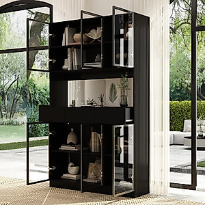 Hitow Glass Door Cabinet with Lights and 8 Storage Shelves, Tall Modern Display Storage Organizer with Hutch, 2 Drawers and 2 Doors, Wooden Bookcase Bookshelf for Living Room, Home Office, Black