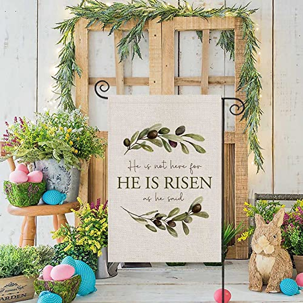 Easter Garden Flag for Outdoor,He is Risen Eucalyptus Wreath Yard Flag,Small Spring Decors for Outside Farmhouse Holiday 12x18 Double Sided