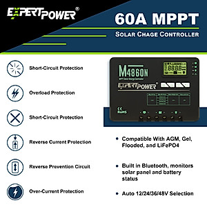 ExpertPower 630W 12V Solar Charging Kit: 210W*3 Mono Solar Panel + 60A Bluetooth MPPT Controller + Mounting Brackets + Connecting Cables for Off-Grid 12V DC Solar Power System