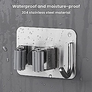 VXYW Mop Broom Holder No Drill SUS304 Stainless Steel, Mop Broom Organizer Wall Mounted Heavy Duty with Hooks Hanger, Self Adhesive Stainless Steel 3Pcs for Bathroom, Kitchen, Office (SILVER)