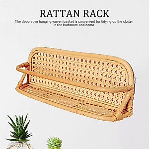 Rattan Wall Shelf Floating Shelf Decorative, Natural Rattan Hanging Rack Wall Storage Shelf, Wall Mounted Natrual Rattan and Wood Storage Hanging Shelves for Kitchen Bathroom