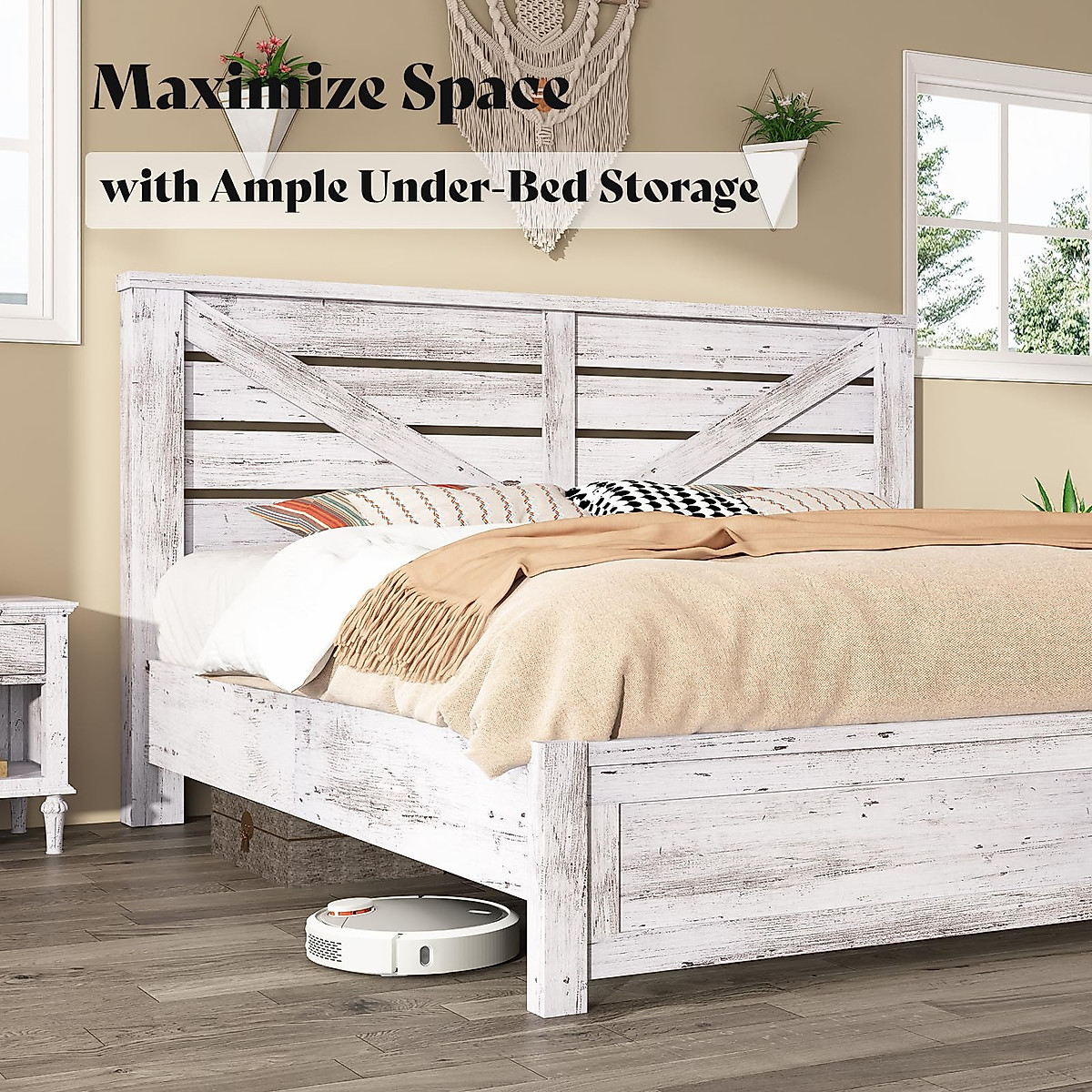 AMERLIFE King Size Farmhouse Bed Frame with 49.2" Barn Door Headboard, Platform Bed Frame with Wood Slats, Under Bed Storage Space, Easy Assembly, Noisy Free, Distressed White